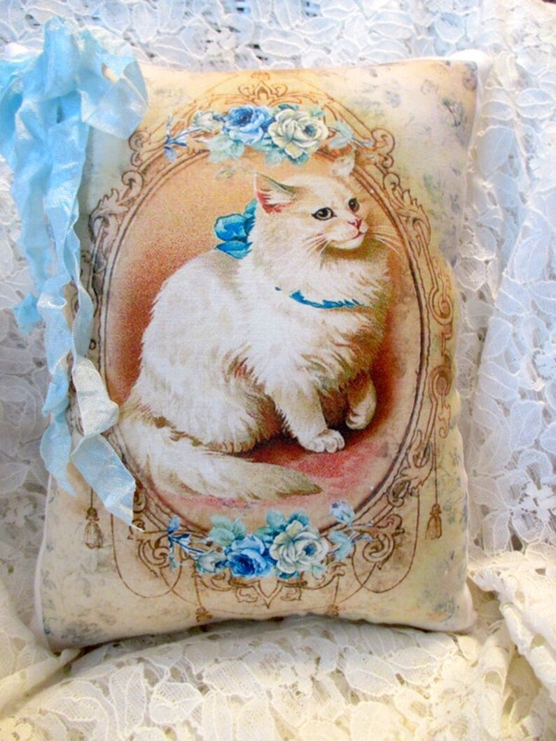 CAT Pillow Kitten Pillow Blue Roses Shabby CAT Pillow Kitten | Etsy