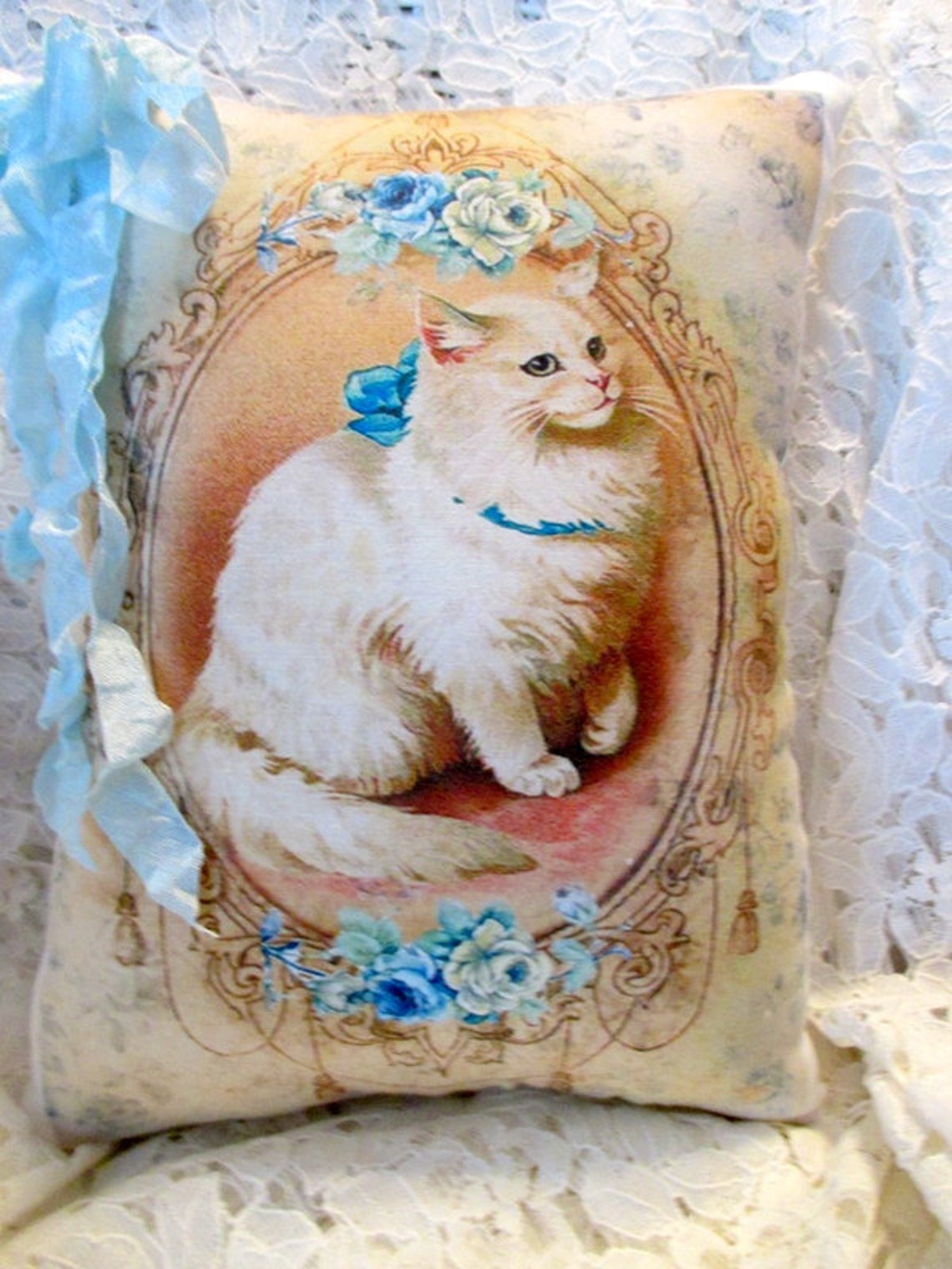 CAT Pillow Kitten Pillow Blue Roses Shabby CAT Pillow Kitten | Etsy