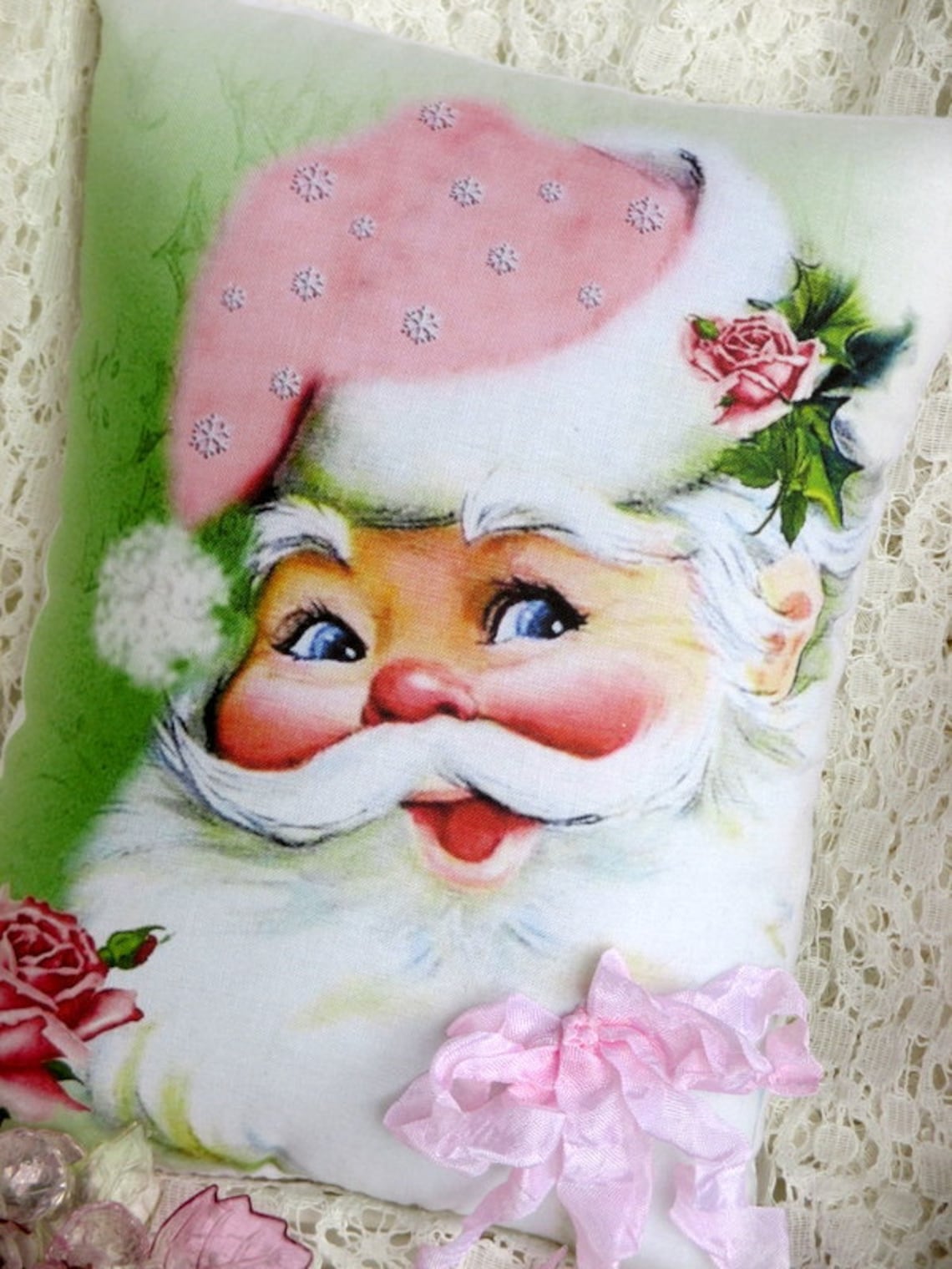 Pink SANTA Pillow Pink Roses Pink Ribbons Shabby Christmas - Etsy