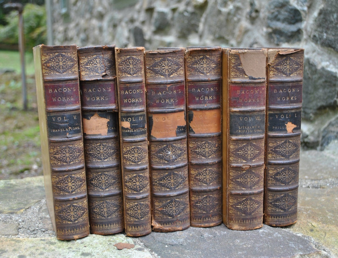 Antique Leather Bound Book Bacon Works Set of 7 Library Display Staging ...