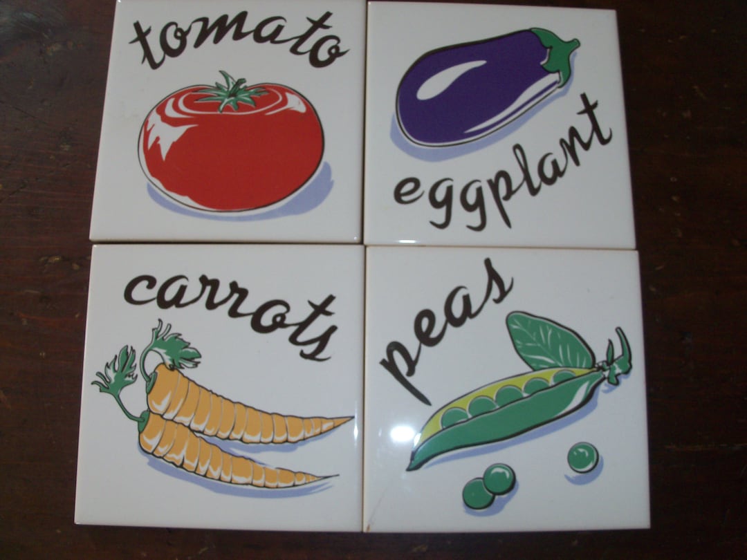 Set of 4 Vintage Kitchen Wall Tiles Trivets Hot Plates Vegetables ...