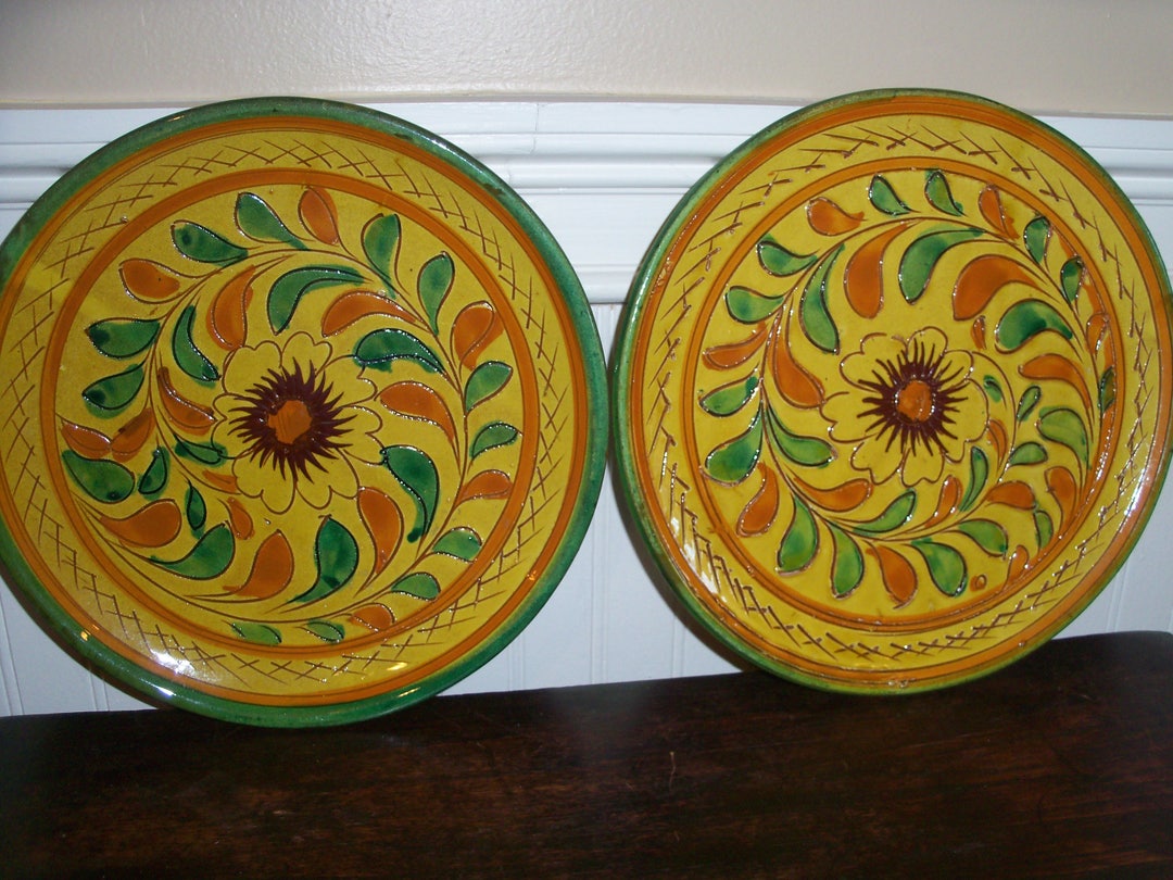 Pair of Vintage Ceramic Large Plates Bright Yellow Green Italy Wall ...