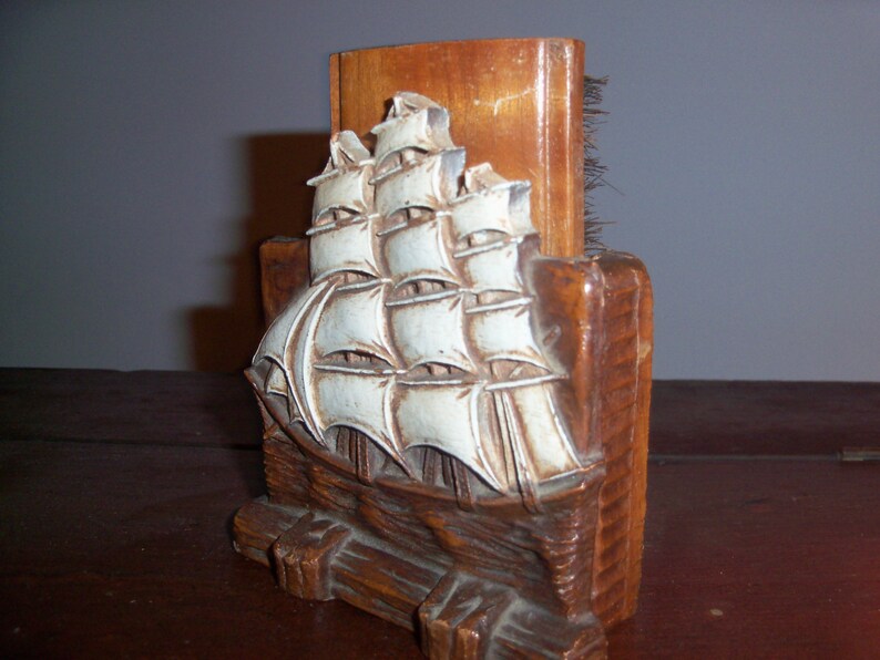Vintage Handmade Syroco Wooden Clipper Ship Boat Brush Holder Ocean ...