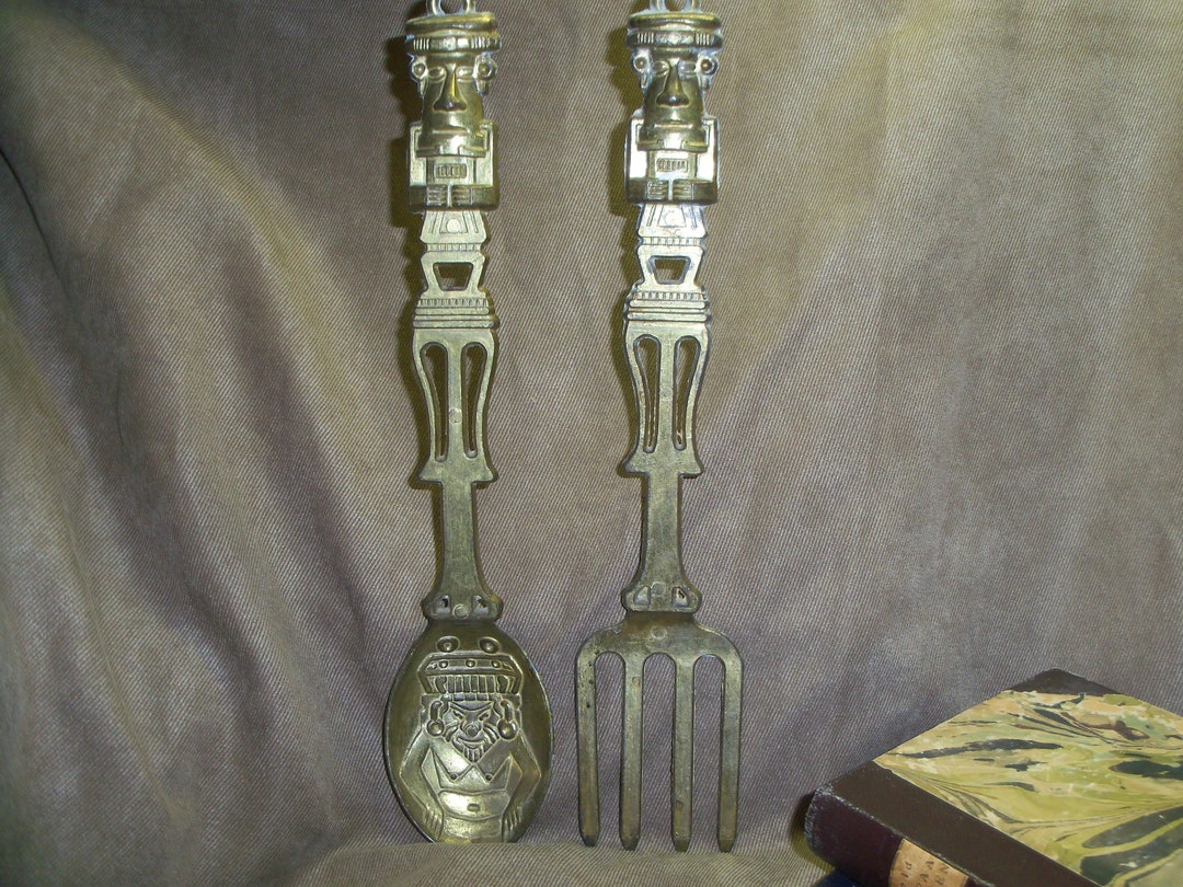 Set of Large Vintage Brass Colored Serving Utensils Tribal Spoon Fork ...