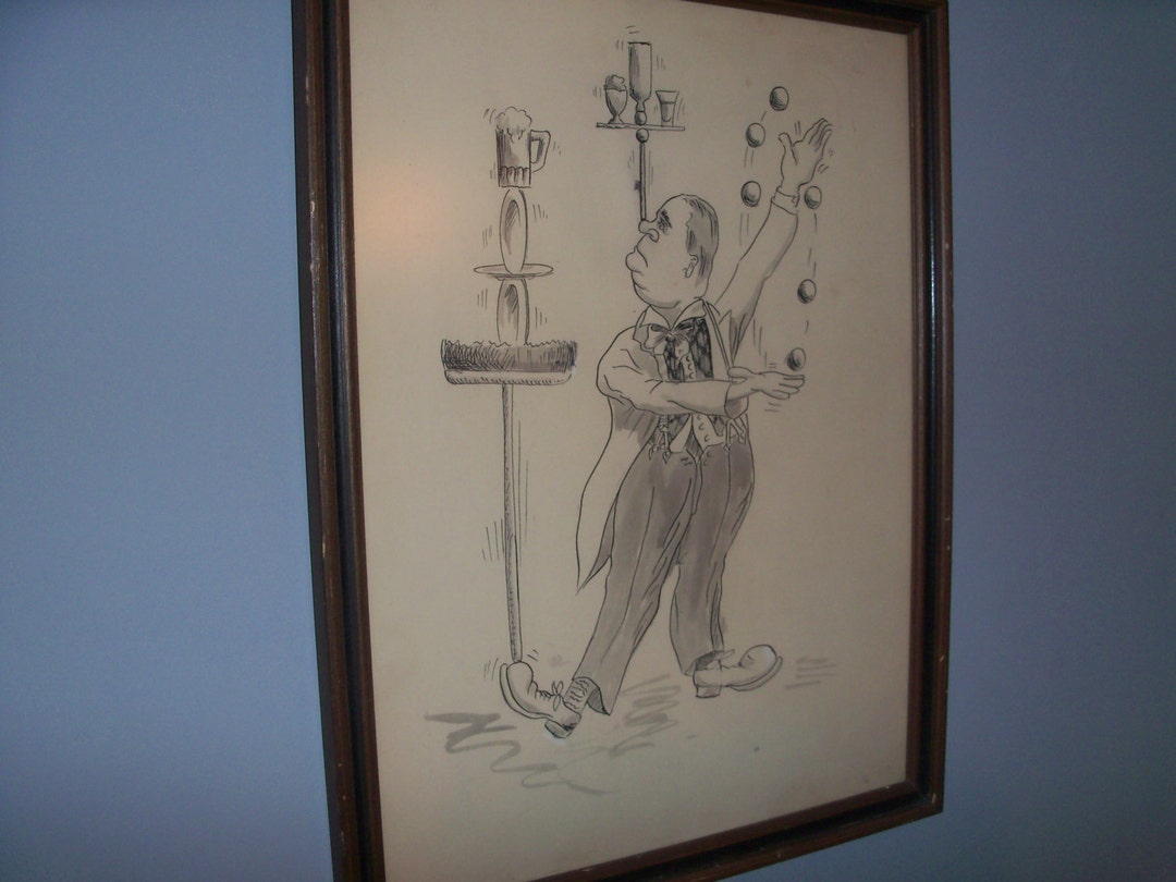 Awesome Vintage Large Framed Drawing Waiter Bartender Barkeep Juggling ...