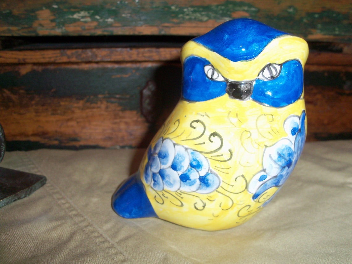 Vibrant Yellow and Blue Ceramic Owl | Etsy