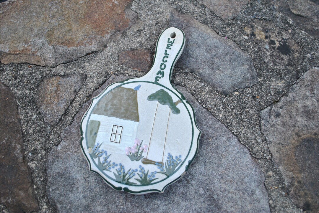 Trivet Hand Painted Pottery Welcome Home Wall Decor Handmade Gray Green ...