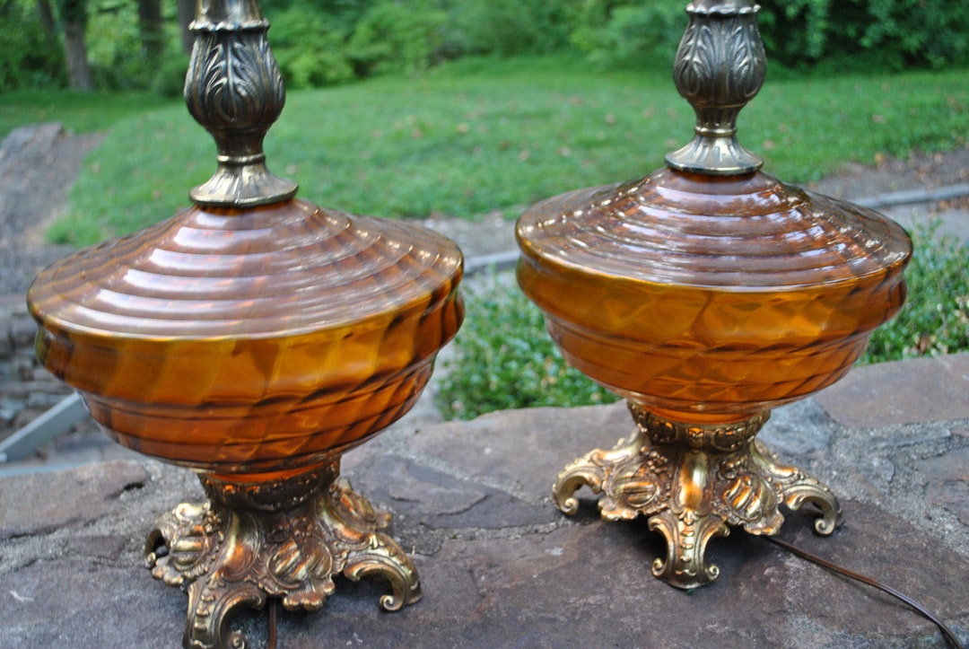 Pair of Large Amber Glass Table Lamps Working Light Tall Orange - Etsy