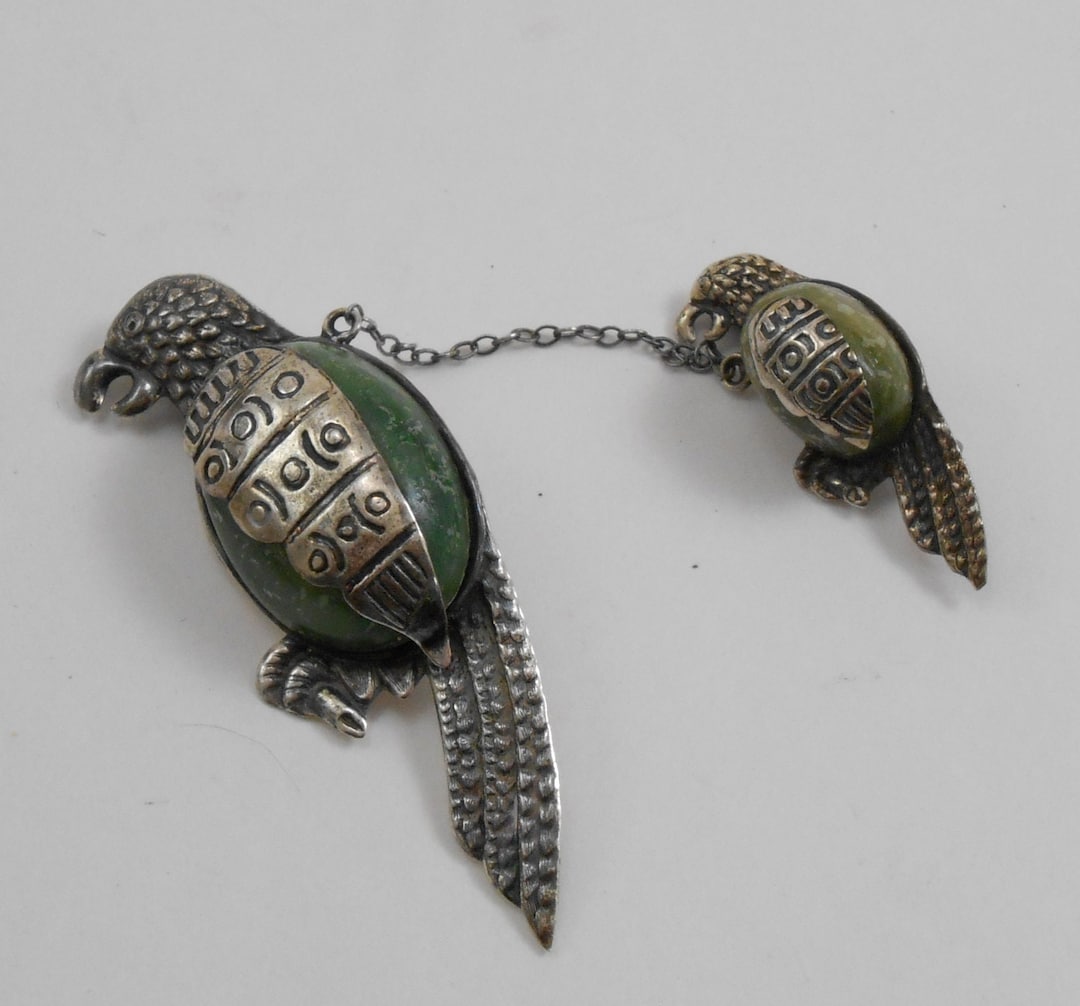 Vintage Chained Parrot Bird Brooch, Mexican Silver Brooch and Green ...