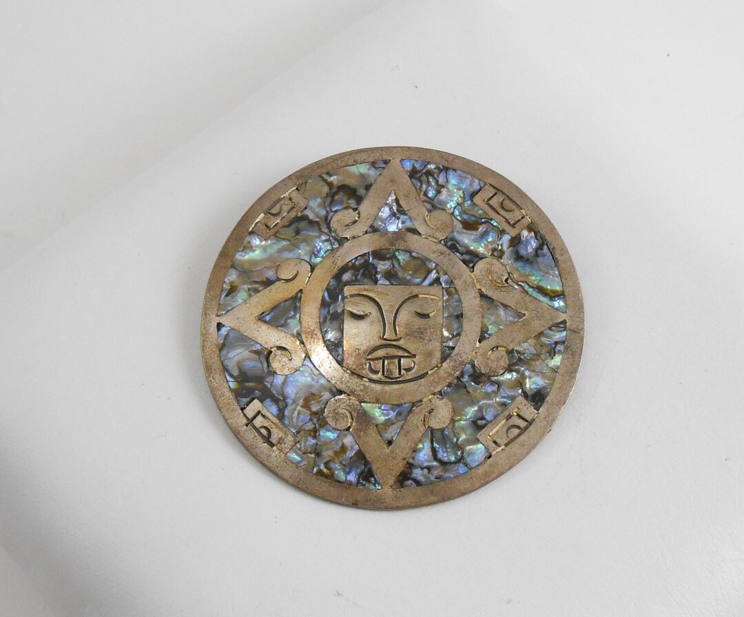 Mexican Aztec Sundial Brooch Convertible Pendant Antique HJA Hecno En ...