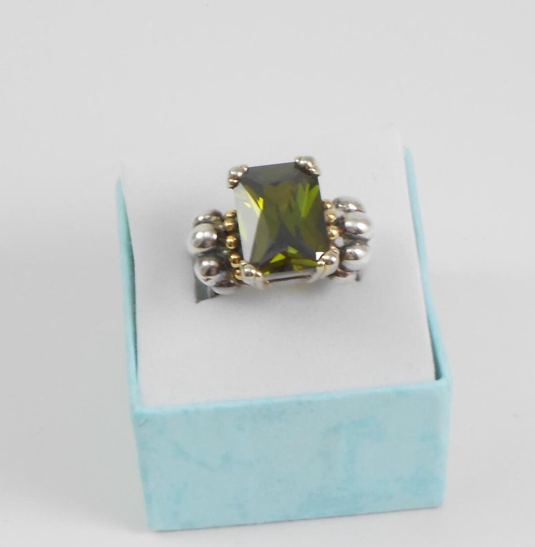 Silver and Gold Ring With Large Green Stone Ring Size 5.25US - Etsy