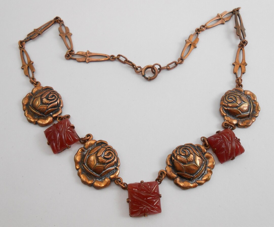 Vintage Copper and Carved Red Stone Rose Flower Necklace - Etsy
