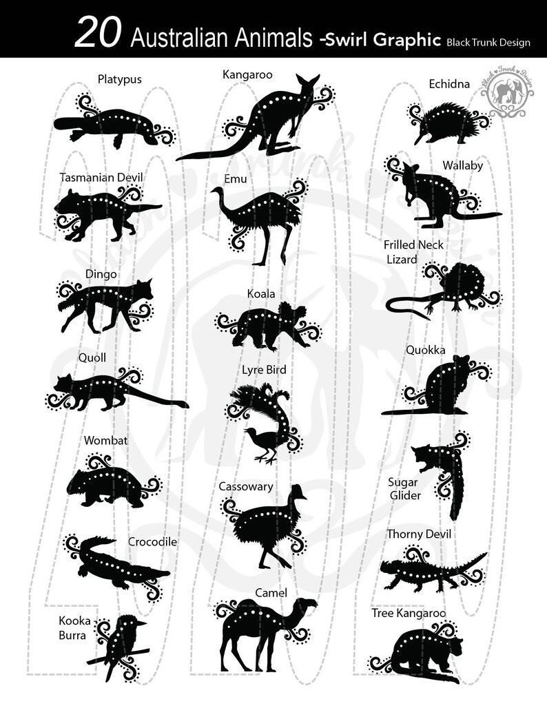 20 Australian Animal SVG Swirl Graphic Bundle Platypus Kangaroo ...