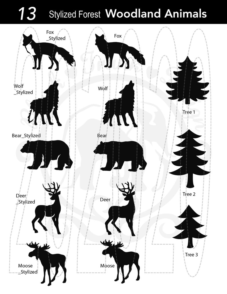 13 Forest Woodland Animal SVG Bundle Silhouettes | Scene Forest Tree ...