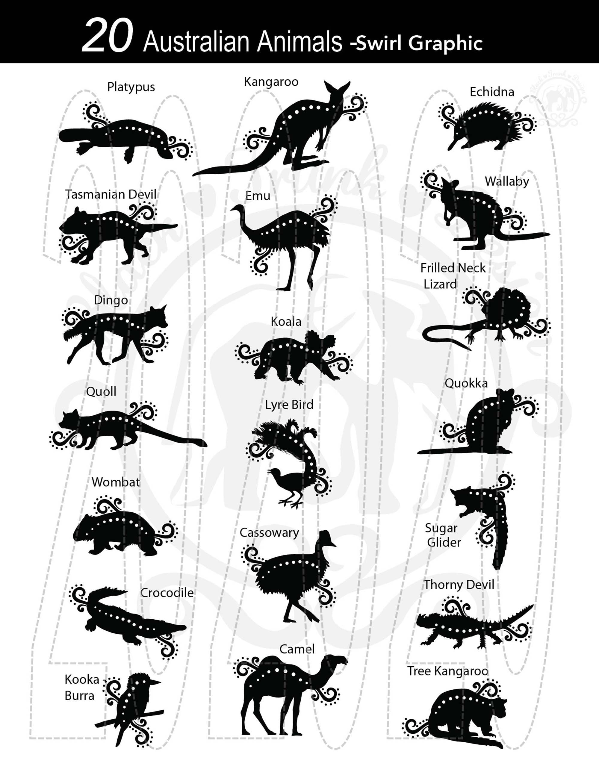 20 Australian Animal SVG Swirl Graphic Bundle Platypus Kangaroo ...