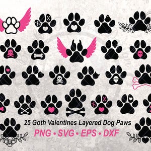 25 Goth Valentines Dog Paw Print SVG Bundle Cute Spooky Pet Paw With ...