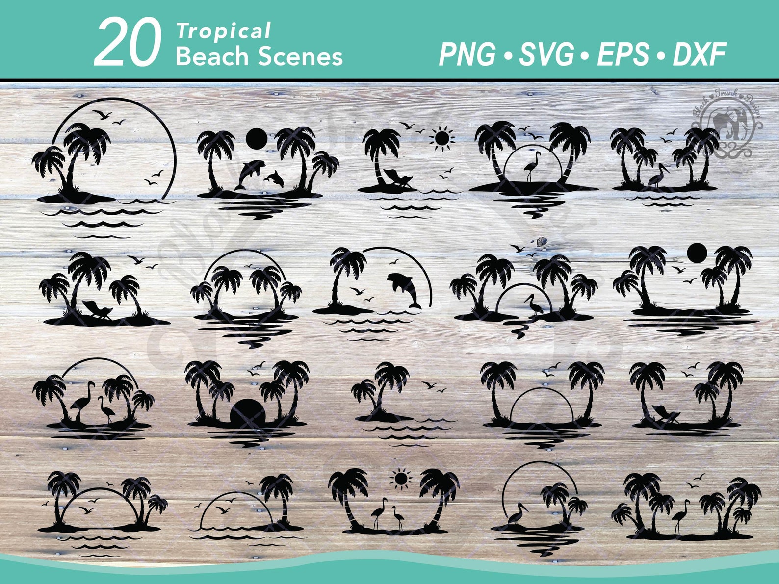 20 Tropical Beach Scene SVG Bundle Ocean Dolphin Scene Sunset Palm Tree ...