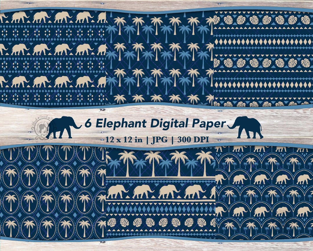 6 Elephant Digital Papers JPG | Printable Seamless Pattern | Tan & Blue ...