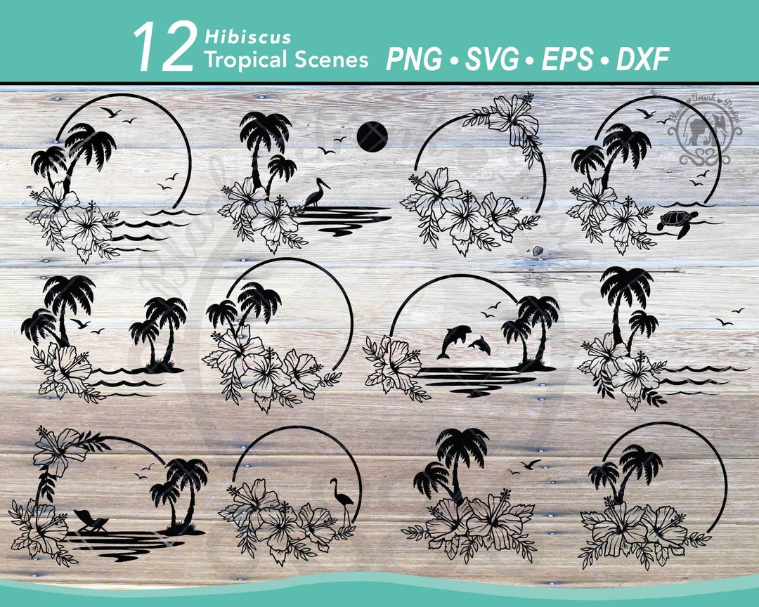 12 Ocean Scene SVG Bundle | Hibiscus Hawaiian Flower Tropical Frame ...