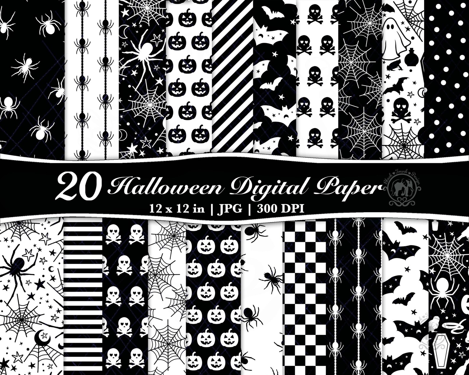 20 Black and White Seamless Halloween Pattern JPG Bundle | Repeatable ...