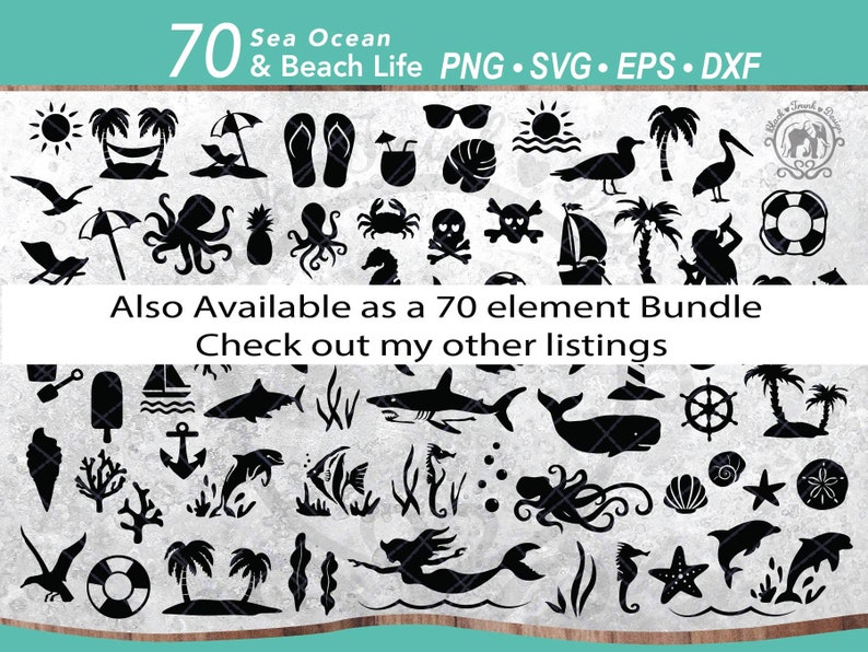 45 Siluetas de paquete SVG de playa / Vida oceánica / Verano / Tortuga ...
