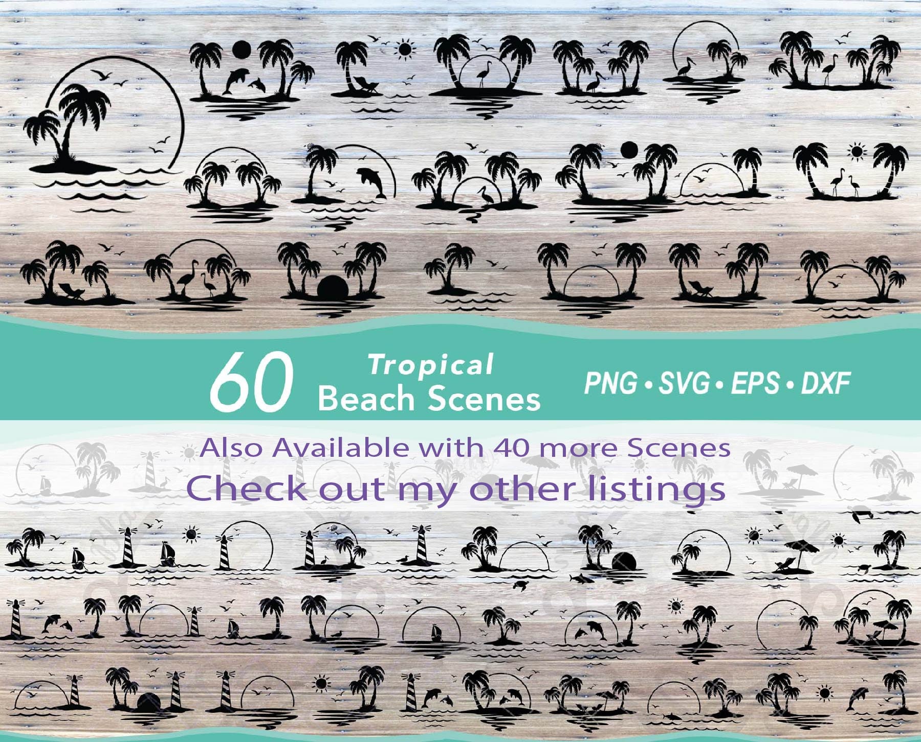 20 Tropical Beach Scene SVG Bundle Ocean Dolphin Scene Sunset Palm Tree ...