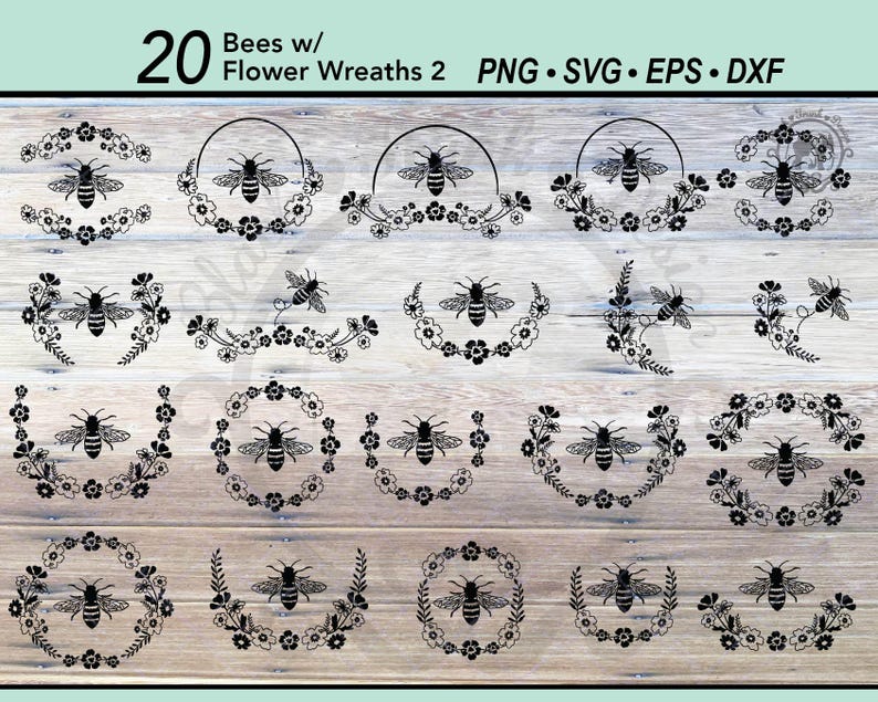 20 Bee Flower Wreath SVG Clipart Bundle | Bumble Bee Floral Wildflower ...