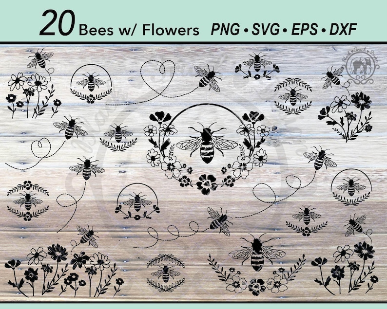 20 Flower Bee SVG Bundle | Bee Graphic Wildflowers Floral Wreath ...