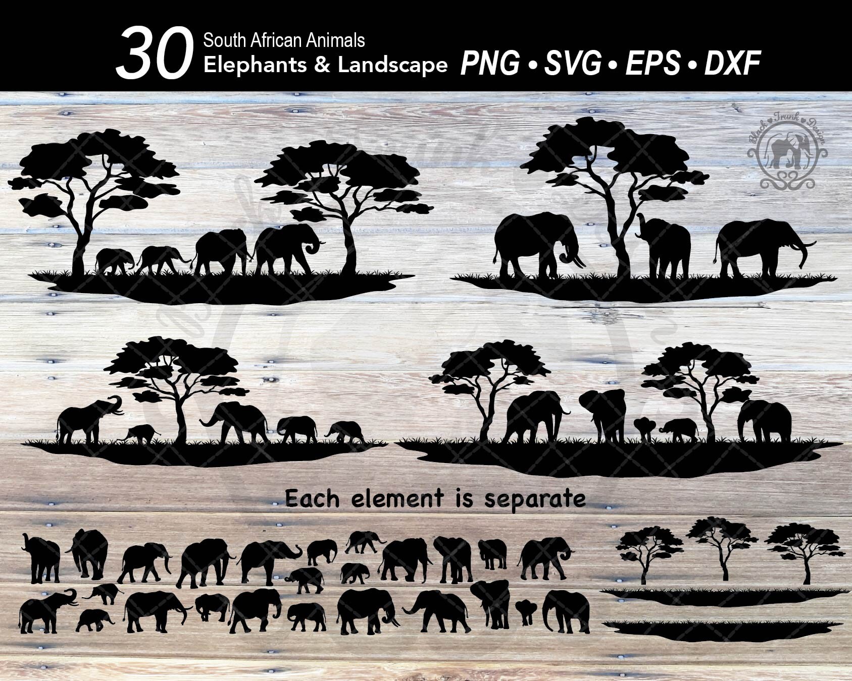 30 Elephant Silhouette SVG Bundle | African Elephant Family Landscape ...