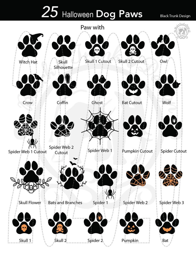 25 Halloween Dog Paw Print SVG Bundle | Cute Spooky Halloween Pet Paw ...