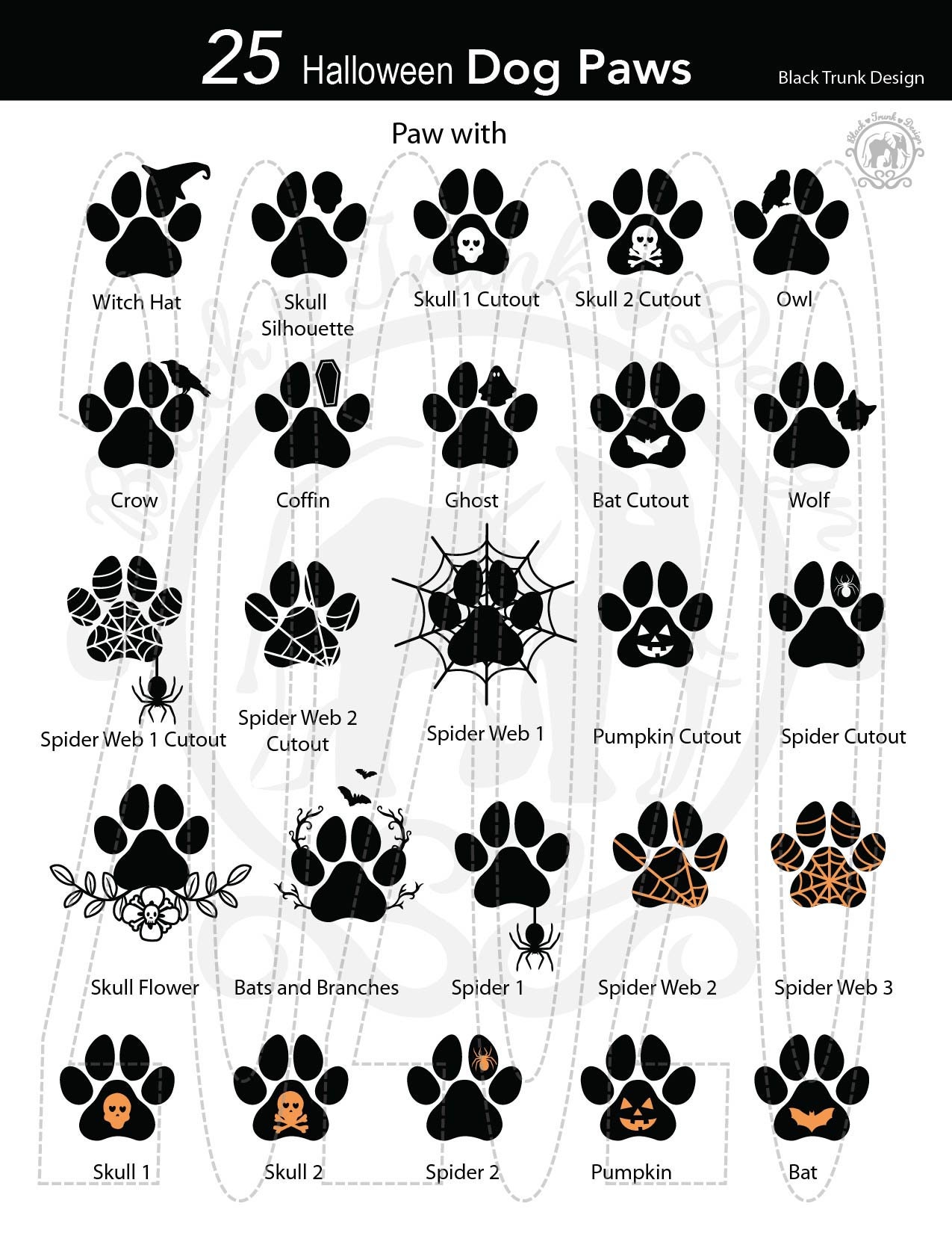 25 Halloween Dog Paw Print SVG Bundle | Cute Spooky Halloween Pet Paw ...