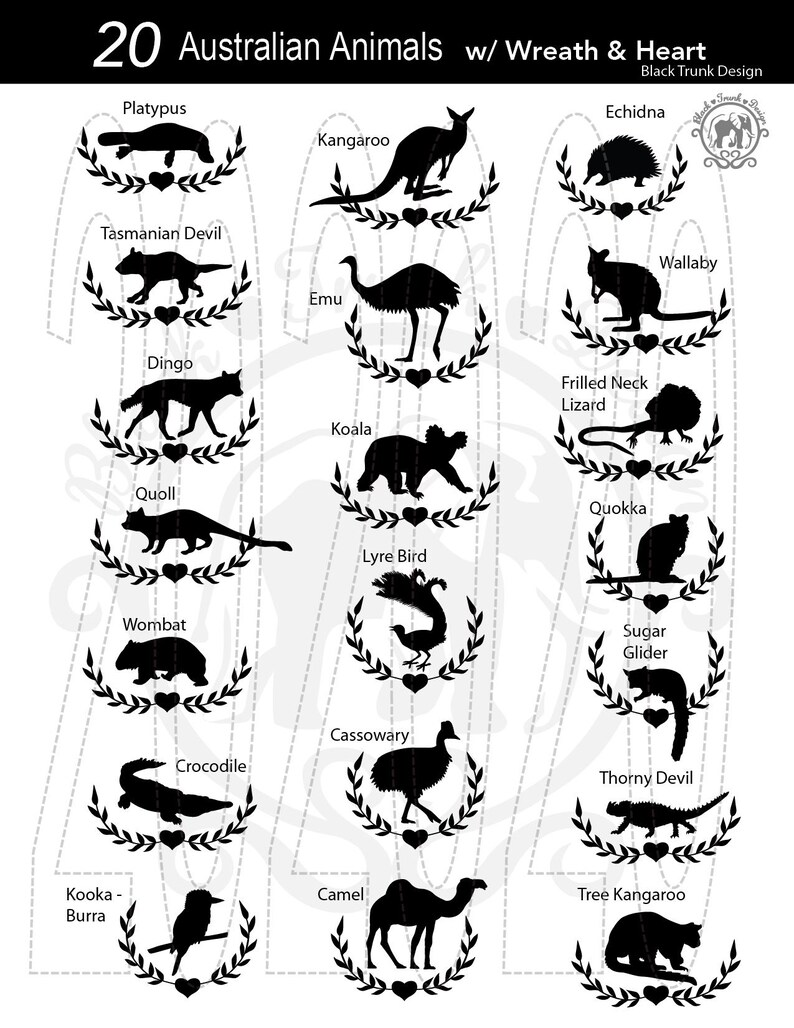 20 Australian Animal SVG Bundle Wreath & Heart Shirt Art | Platypus ...