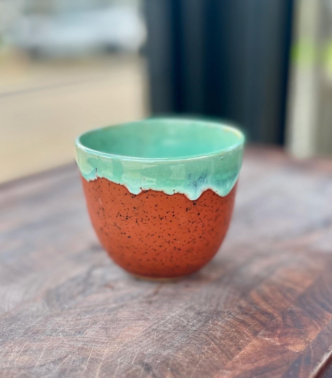 Handmade Ceramic Tea Cup~green Drip~ Rust Speckled Stoneware~ Wheel ...