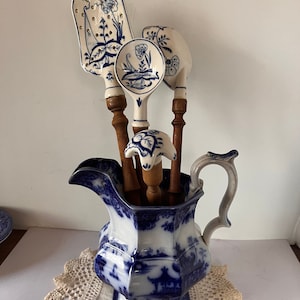 Flow Blue Water Pitcher Blue and White Ironstone Pitchers Flow Blue ...