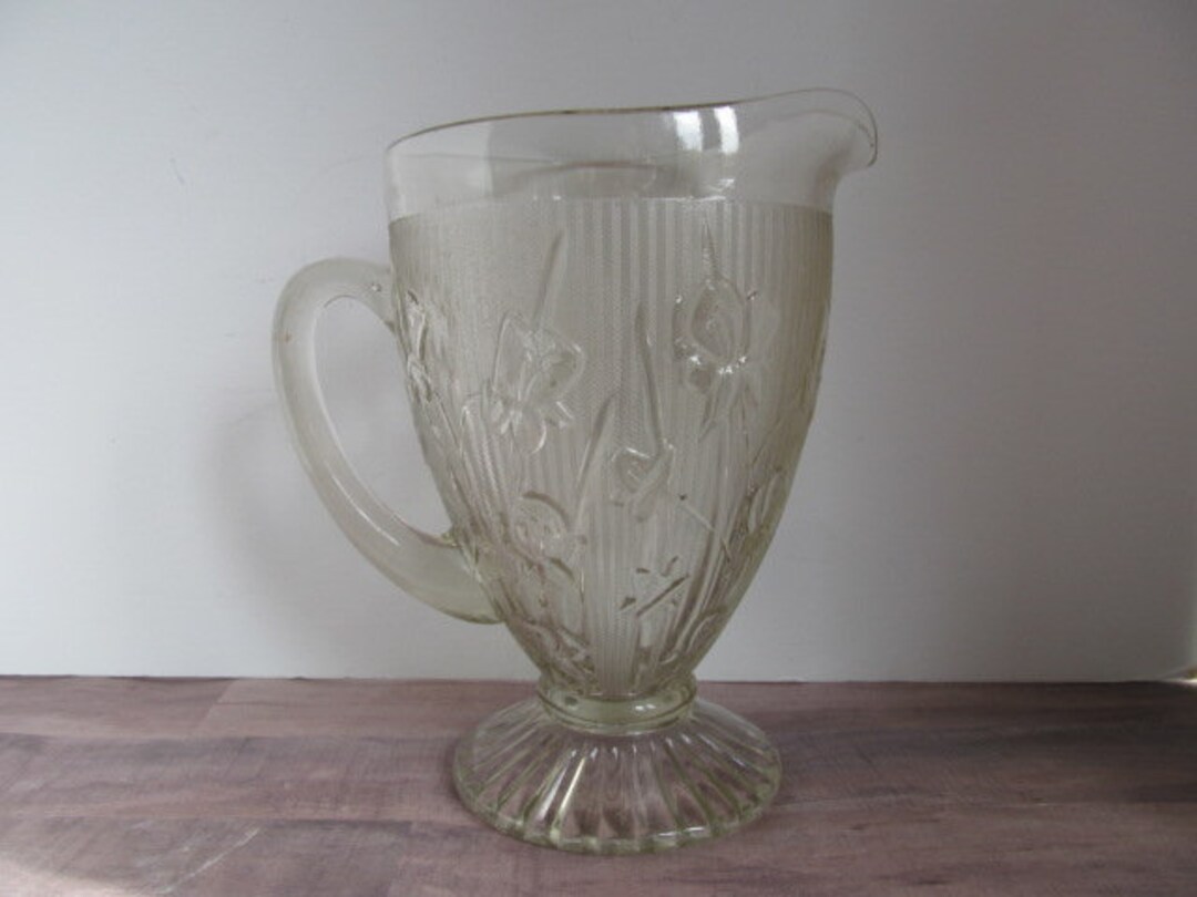 Clear Glass Iris Pitcher Herringbone Pattern Mid Century Glass Iris ...