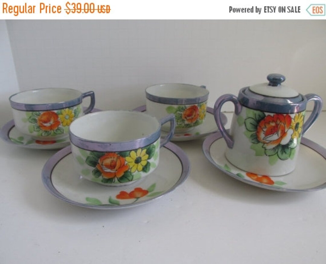 Tea Set Blue Luster Luncheon Set Pastel Dining Decor Blue Lusterware ...