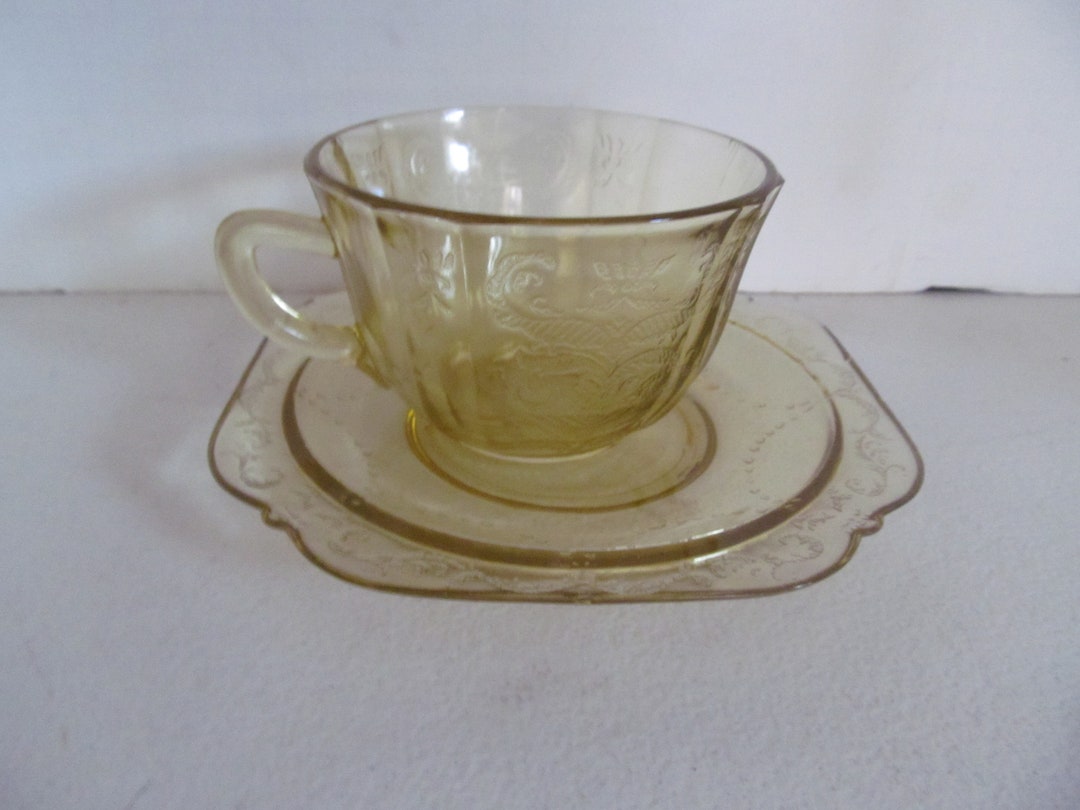 3 Pc Madrid Pattern Amber Depression Glass Teacup and Saucer Plate Art ...