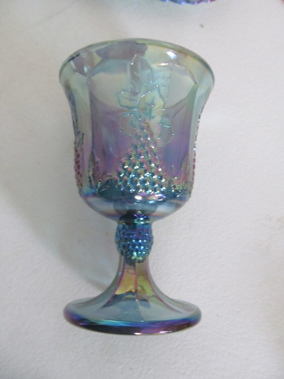 Blue Carnival Glass Pedestal Goblet Indiana Glass Harvest - Etsy