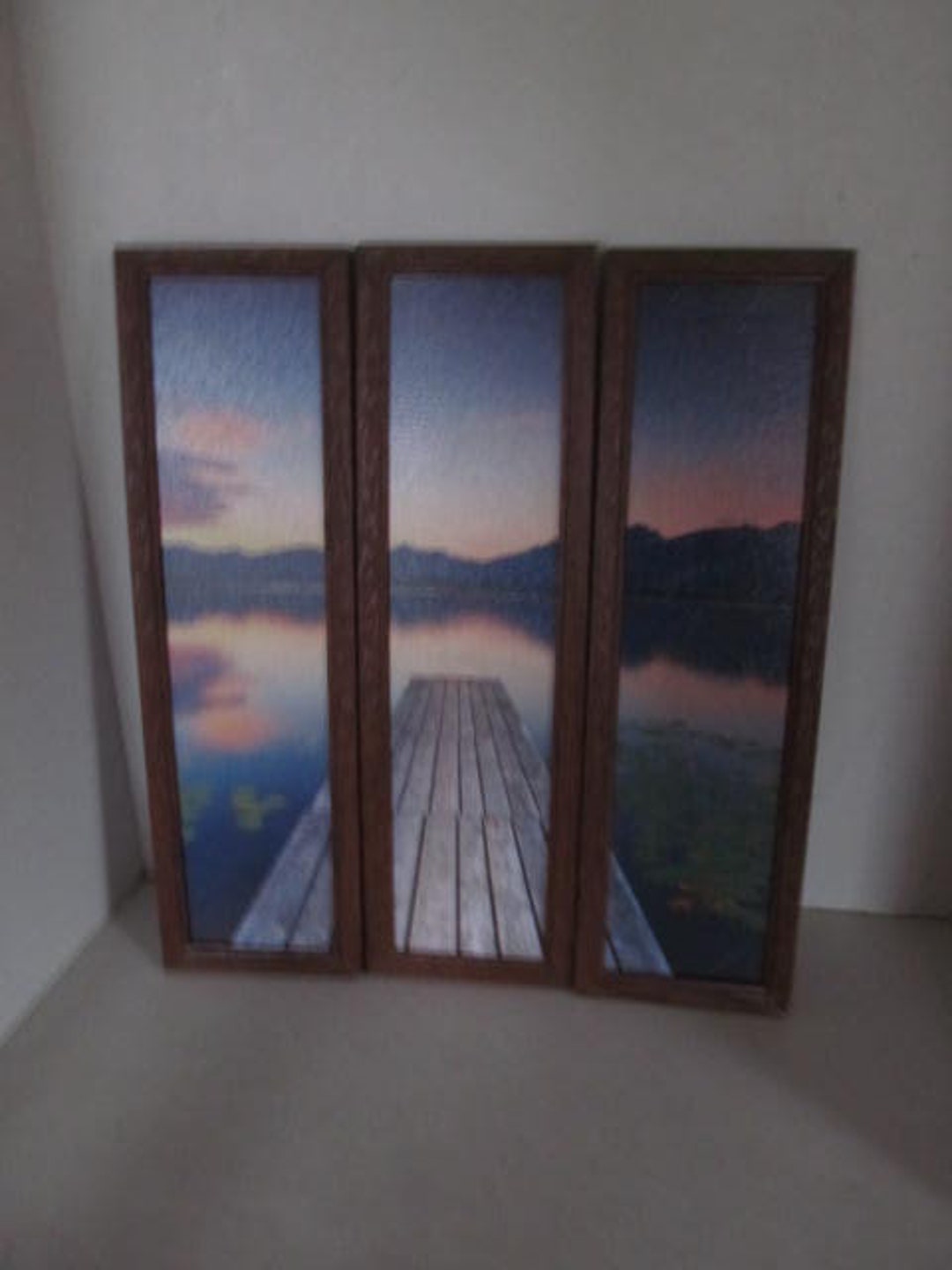 Vintage Mural 3pc Scenic Lake House Dock Framed Nautical Ship Beach ...