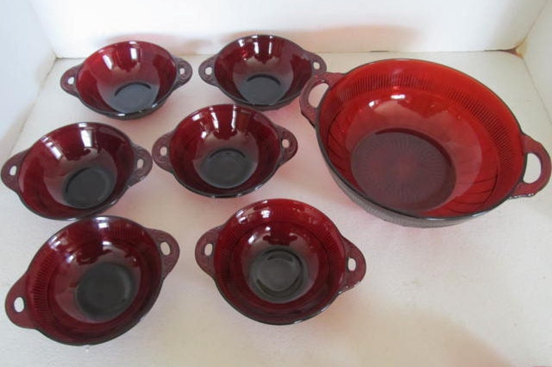 Ruby Glass Desert Dishes Large Serving Bowl and 6 Berry Bowls Ruby Red ...