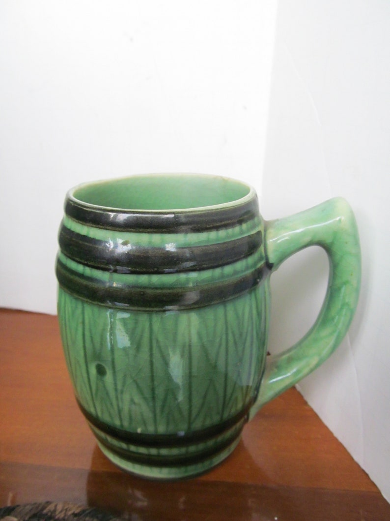 Irish Beer Barrel Mug Green Glaze Yellow Ware Mug Tankard Green ...