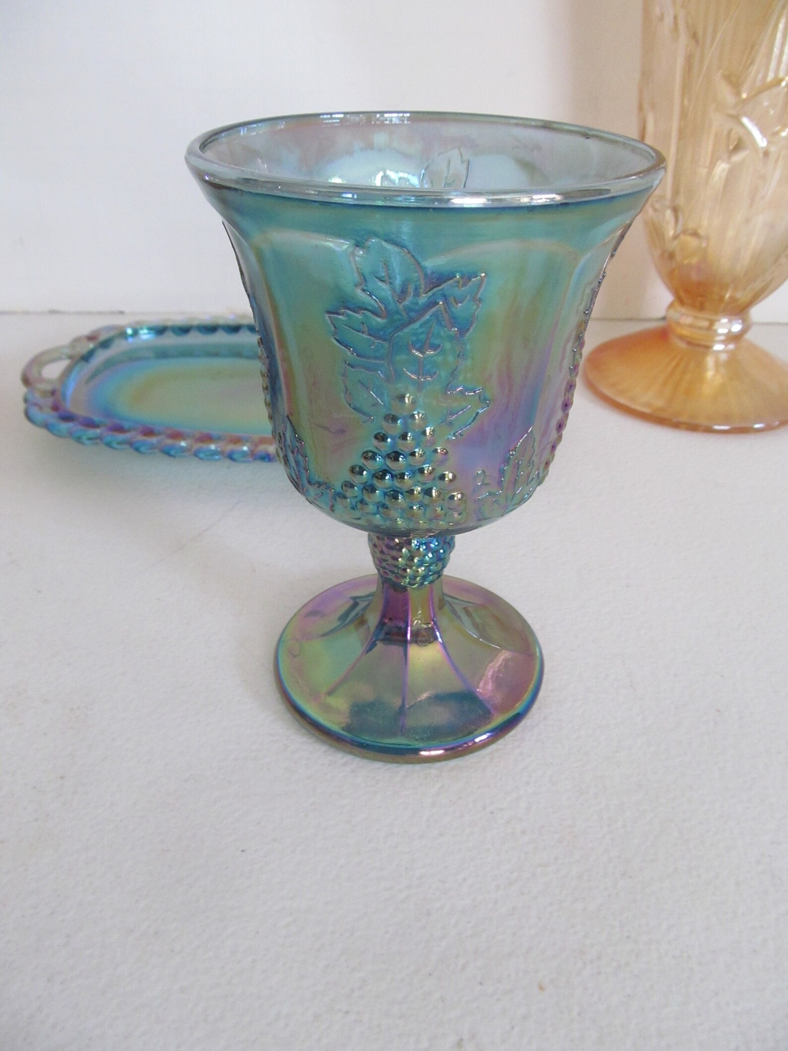 Blue Carnival Glass Pedestal Goblet Indiana Glass Harvest - Etsy