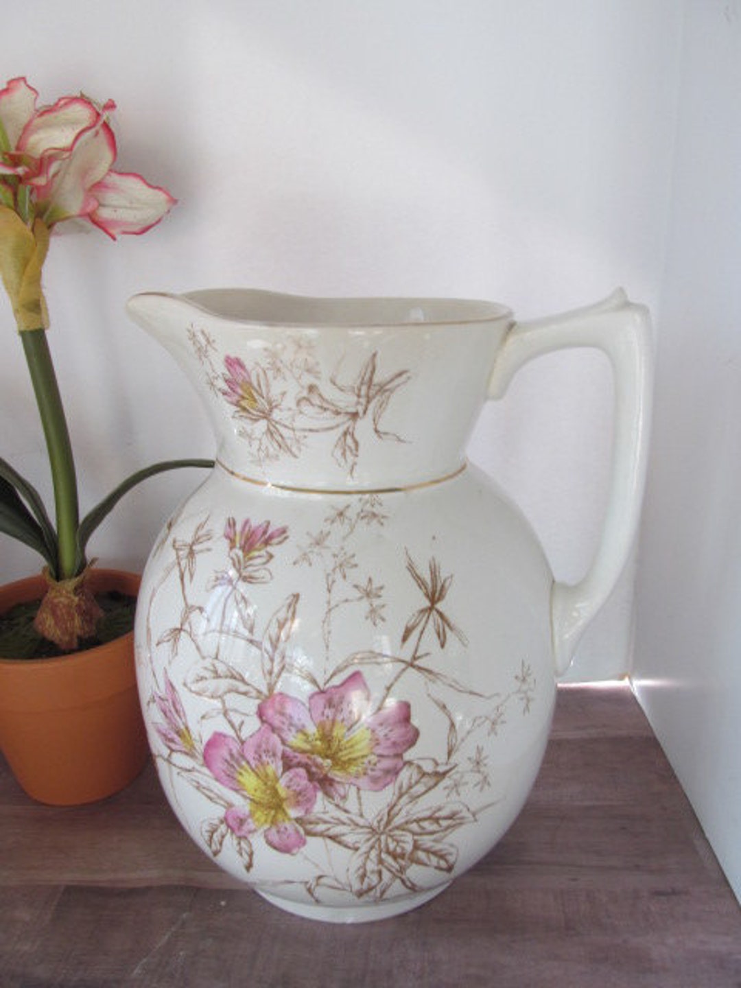 Apple Blossom Pitcher Antique Pastel Pink Brown Water Pitcher Victorian ...