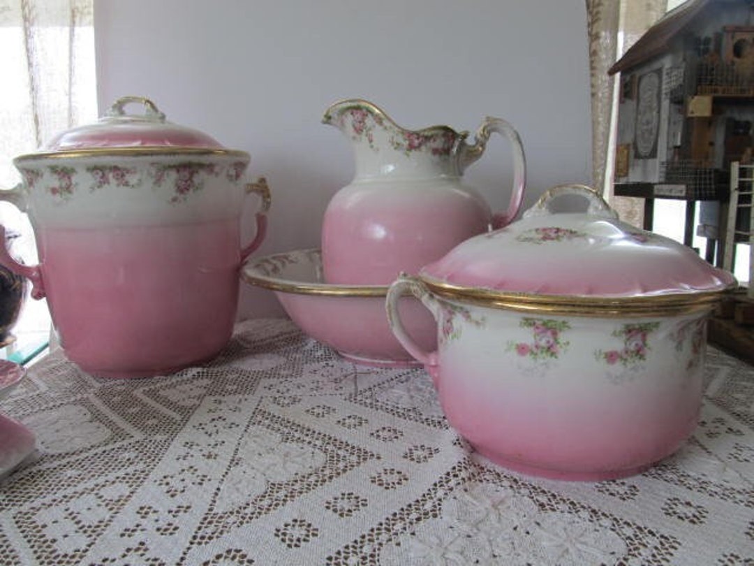 6 Pc Antique Ironstone Pitcher Bowl Set Chamber Pots Victorian Antique ...