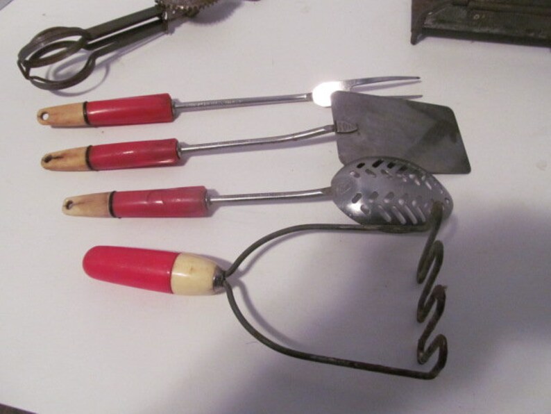 LOT Farmhouse Primitive Kitchen Utensil Bakelite Red Handle | Etsy