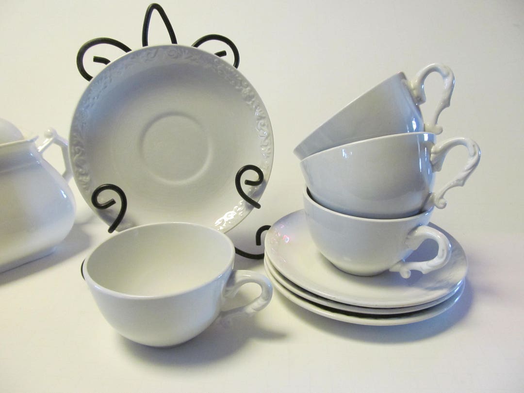 Service for 4 Beautiful White Ironstone Teacups and Saucers Victorian ...