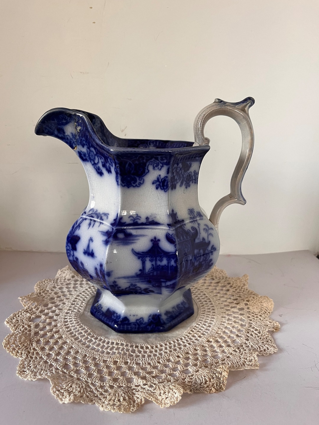 Antique Flow Blue Pitcher Earthenware Pitcher Flow Blue Home Decor ...