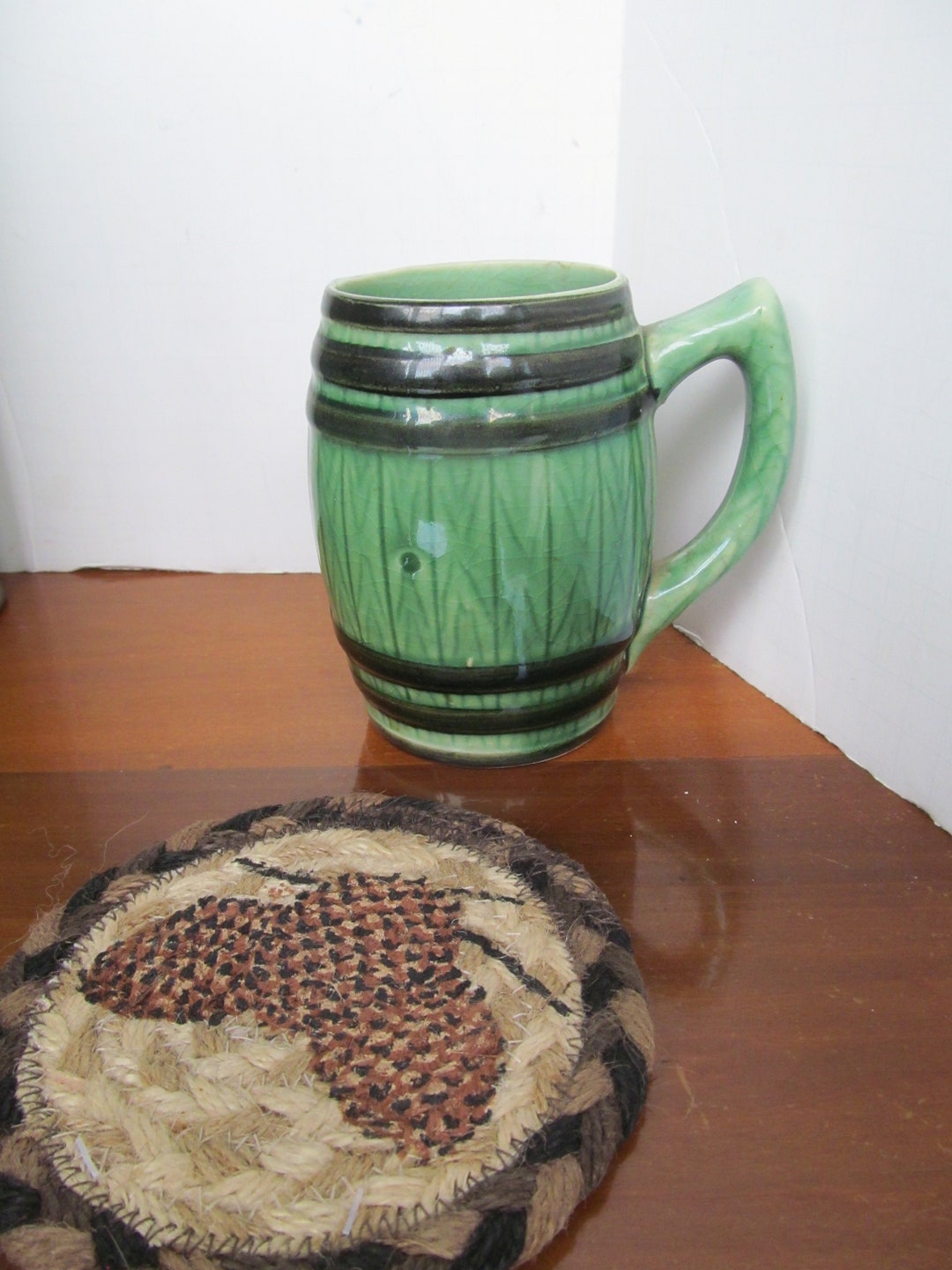 Irish Beer Barrel Mug Green Glaze Yellow Ware Mug Tankard Green ...