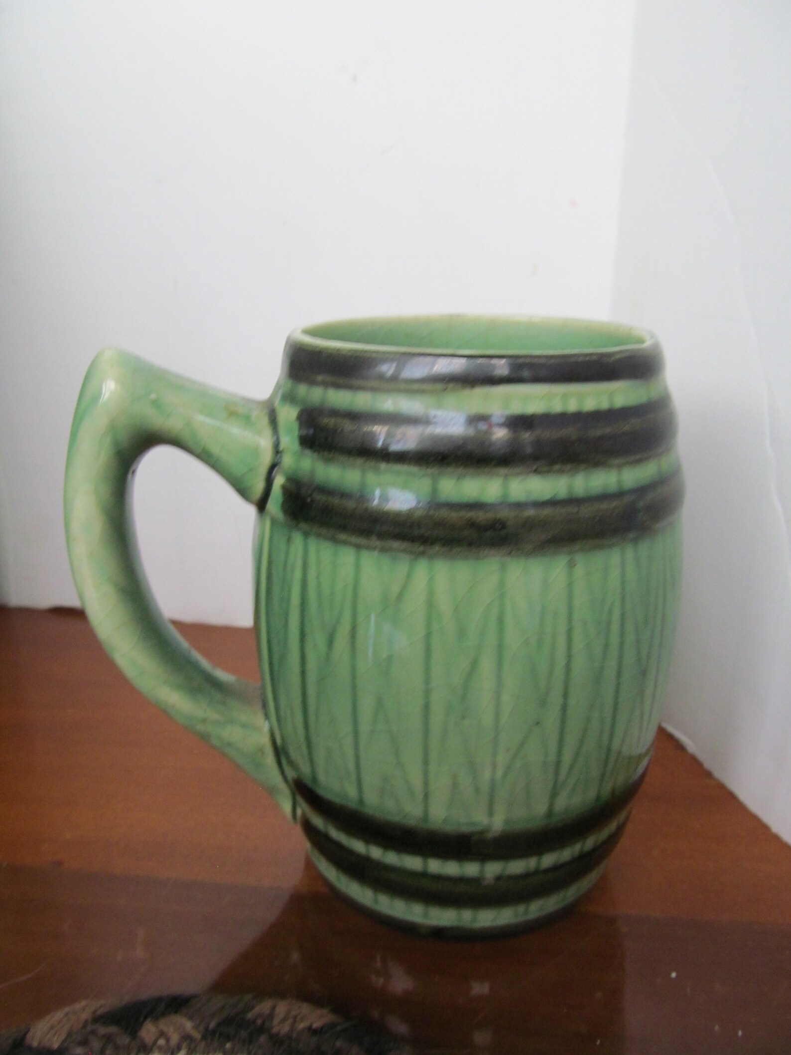Irish Beer Barrel Mug Green Glaze Yellow Ware Mug Tankard Green ...