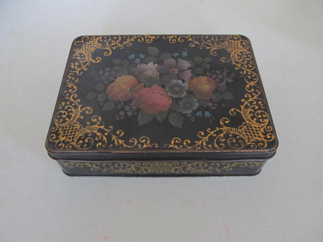 Toleware Tin Box Black Gold Tin Store Display Advertising Box Sewing ...